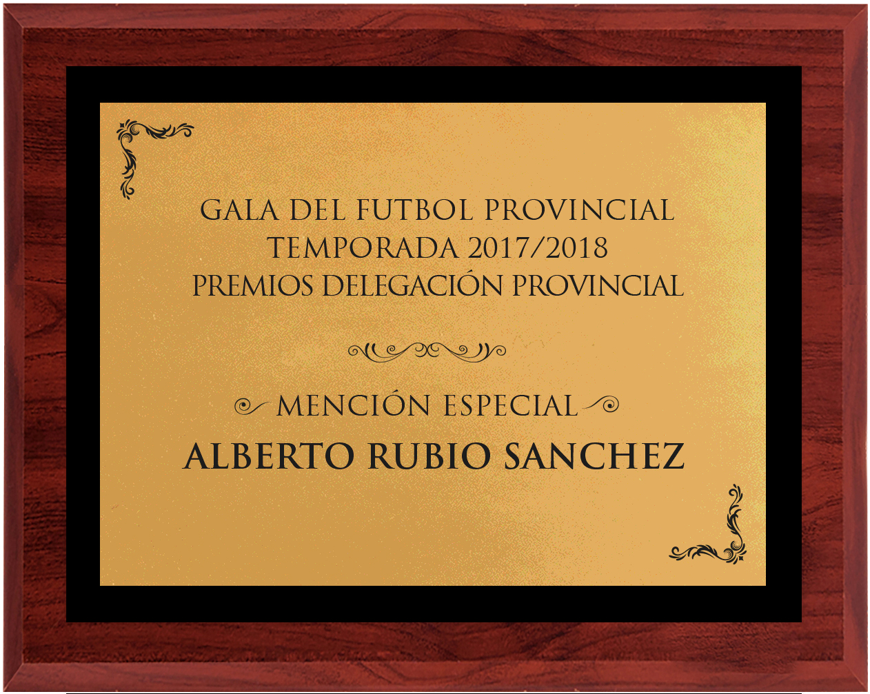 Commemorative plaque in gold wood and black border