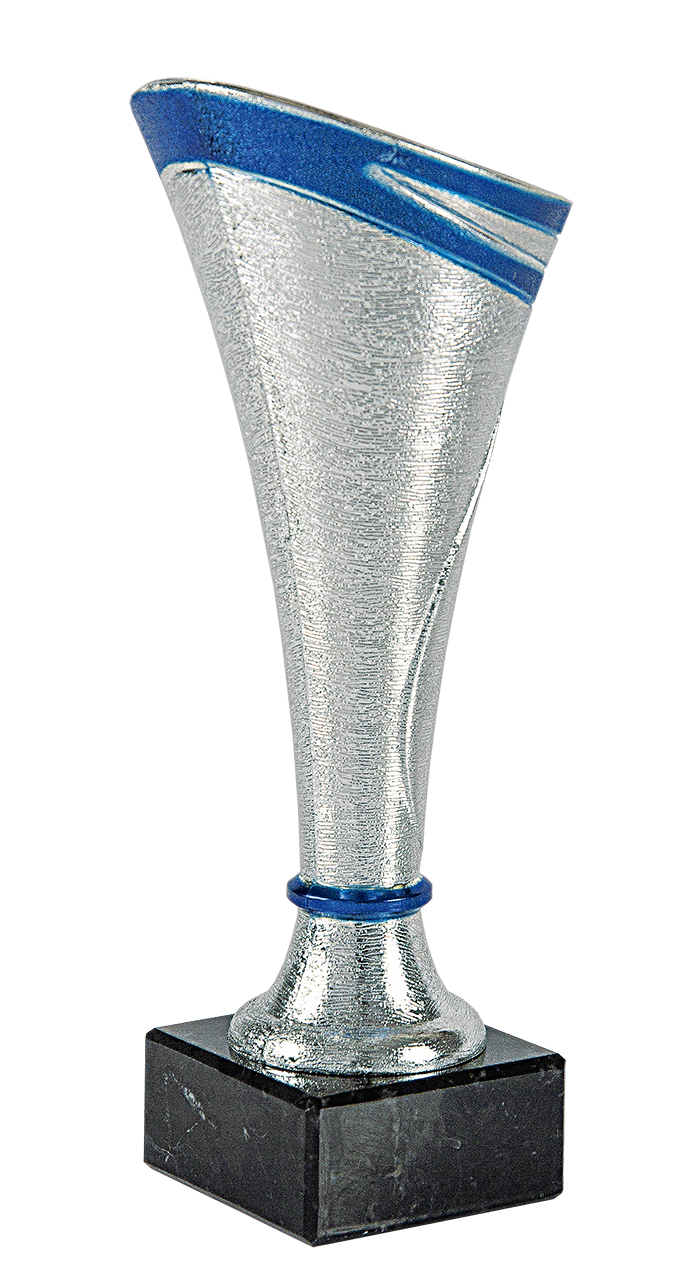 Trofeo copa cónica plata y detalles en azul